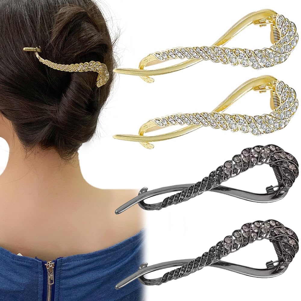 KuuGuu 4 PCS New Rhinestone One Word Hair Clips French Banana Clip,Pearl Decor Banana Clip French Style Twist Hair Barrette Non Slip Jaw Hair Claws Hair Accessories