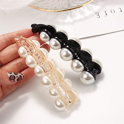 Leadigol 2PCS Pearl Hair Clip,Elegant Banana Hair Clip Plastic Banana Clip Pearl Barrettes Pearl Ponytail Hair Clip for Women