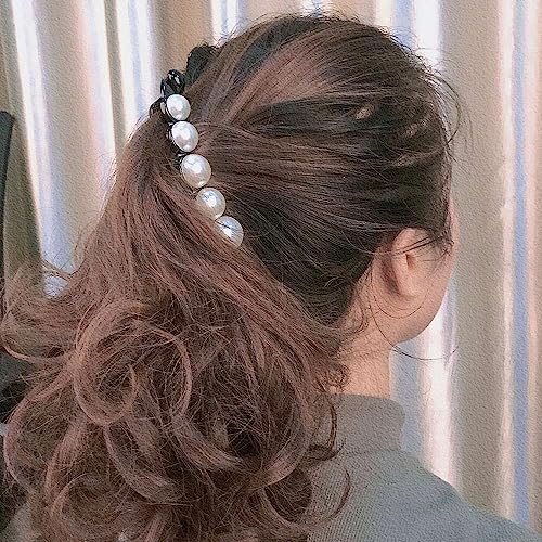 Leadigol 2PCS Pearl Hair Clip,Elegant Banana Hair Clip Plastic Banana Clip Pearl Barrettes Pearl Ponytail Hair Clip for Women