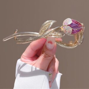 2PCS Tulip and Feather Hair Clip, Pearl Rhinestone Hair Claws French Style Twist Hair Barrette Non Slip Jaw Banana Hair Accessories for Women (TUYU)-003