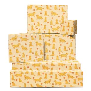 central 23 - birthday wrapping paper - 6 gift wrap sheets - golden retriever dogs - yellow wrapping paper for kids men women - recyclable