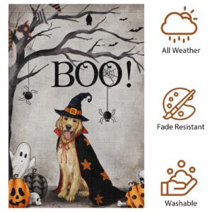 Heyfibro Halloween Boo Golden Retriever Dog Garden Flag 12x18 Double Sided Burlap Spooky Ghost Rustic Farmhouse Decor Halloween Pumpkins Yard Flags for Seasonal Holiday Decoration(ONLY FLAG)