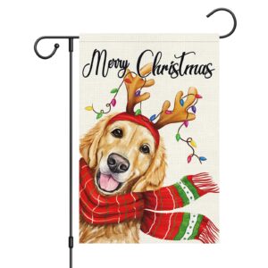 louise maelys merry christmas garden flag 12x18 double sided, burlap welcome winter christmas golden retriever dog garden yard flags for xmas outside outdoor decoration (only flag)