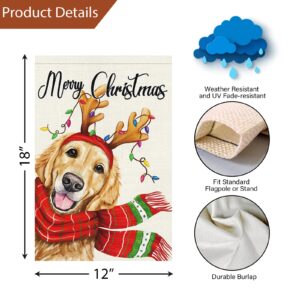 Louise Maelys Merry Christmas Garden Flag 12x18 Double Sided, Burlap Welcome Winter Christmas Golden Retriever Dog Garden Yard Flags for Xmas Outside Outdoor Decoration (ONLY FLAG)