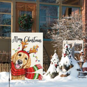 Louise Maelys Merry Christmas Garden Flag 12x18 Double Sided, Burlap Welcome Winter Christmas Golden Retriever Dog Garden Yard Flags for Xmas Outside Outdoor Decoration (ONLY FLAG)