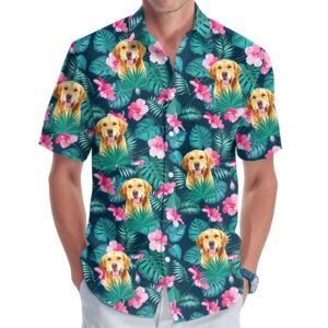 dog lover pint casual hawaiian shirt for unisex, pet owner short sleeve button shirt for men women, golden retriever (large)