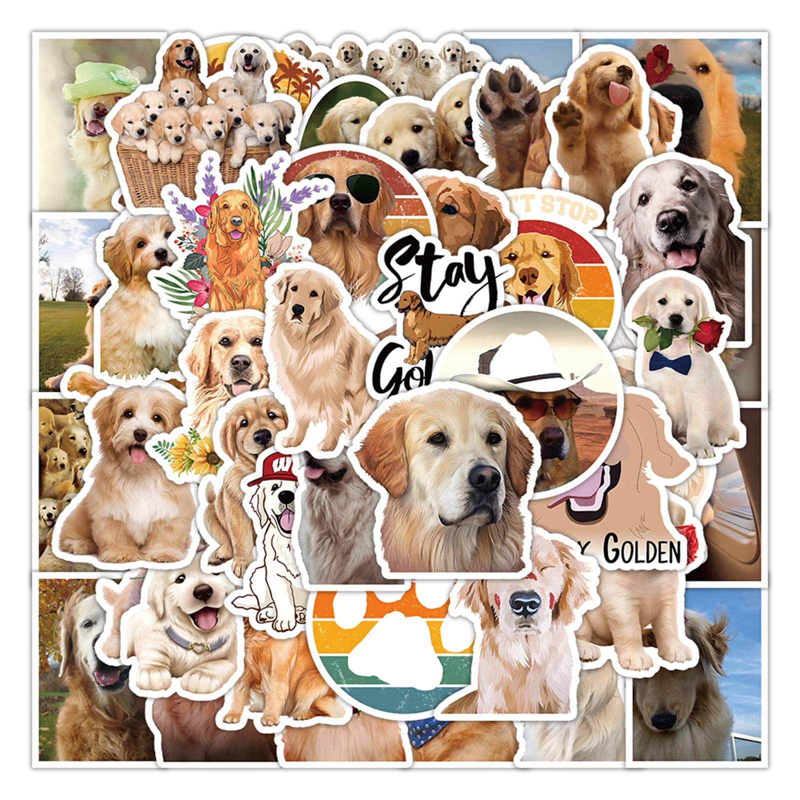 Asverbet Golden Retriever Dog Stickers, 50PCS Vinyl Waterproof Decals for Laptop, Water Bottle, Phone, Cartoon Style, Reusable