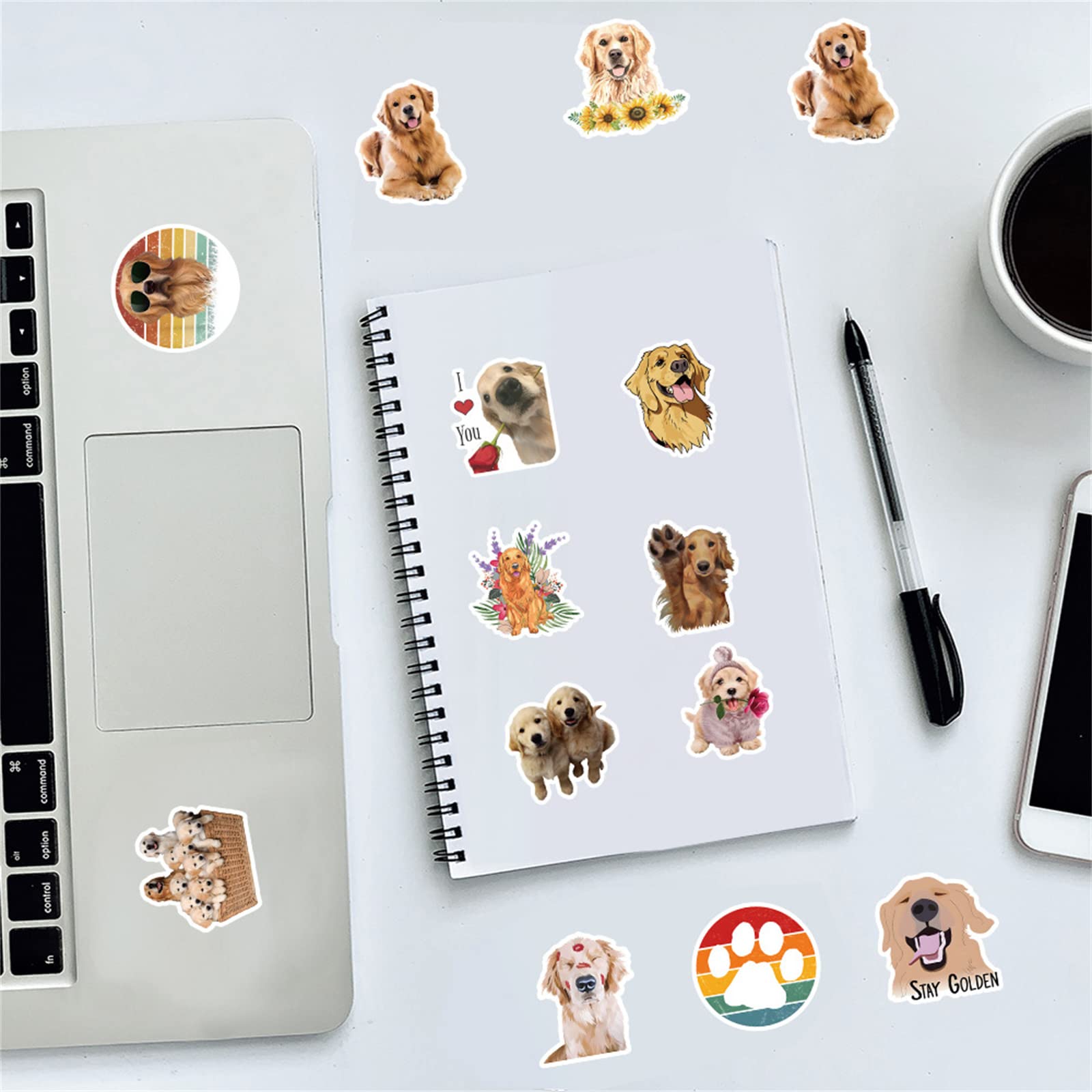 Asverbet Golden Retriever Dog Stickers, 50PCS Vinyl Waterproof Decals for Laptop, Water Bottle, Phone, Cartoon Style, Reusable