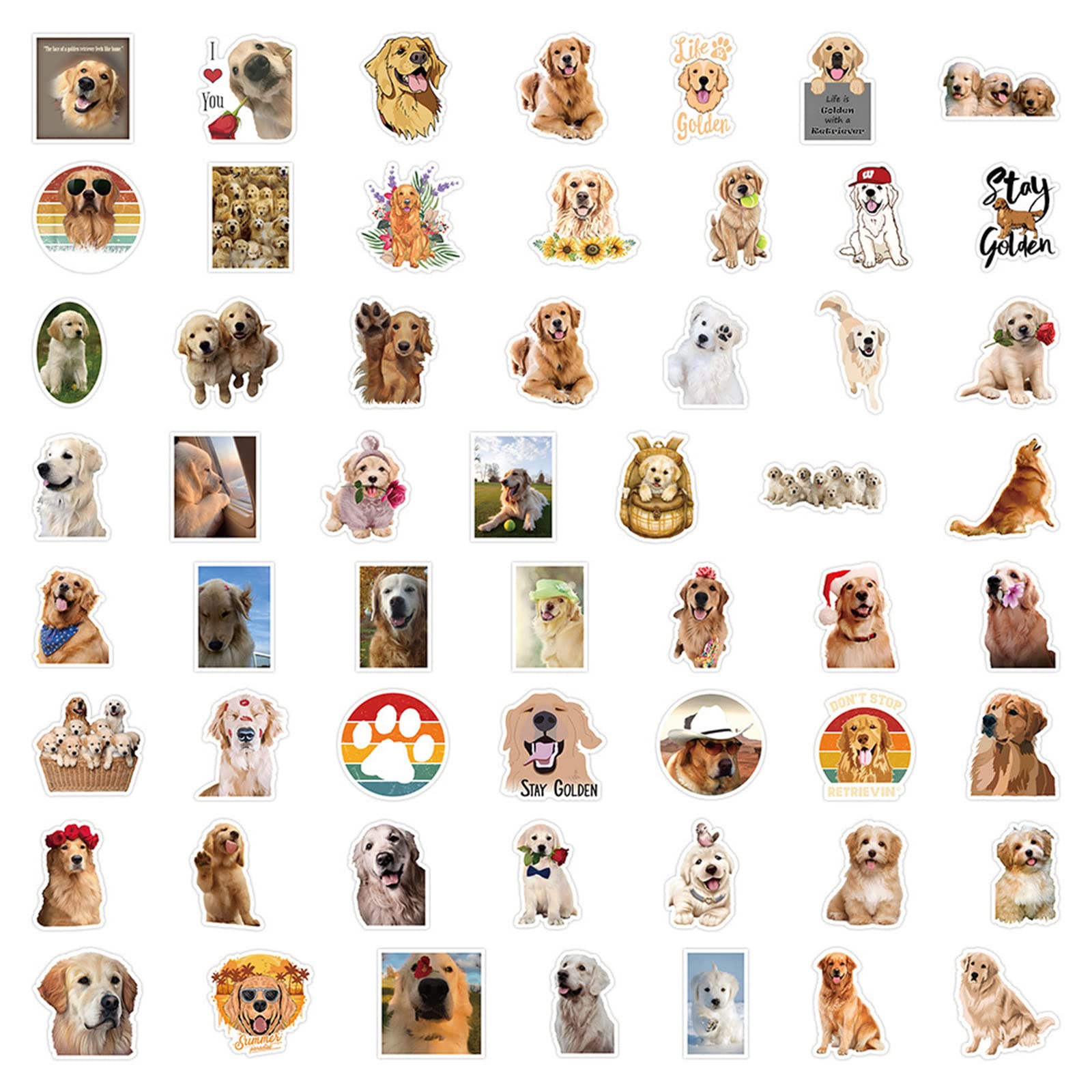 Asverbet Golden Retriever Dog Stickers, 50PCS Vinyl Waterproof Decals for Laptop, Water Bottle, Phone, Cartoon Style, Reusable