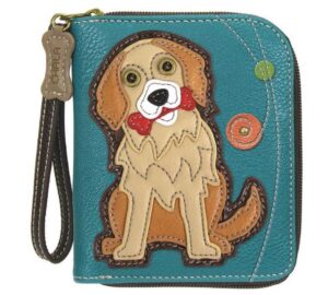 chala zip around wallet, wristlet, 8 credit card slots, sturdy pu leather - golden retriever - turquoise