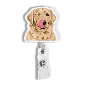 wirester retractable badge reel id holder with alligator clip for office worker, medical staffs, student - cute winking golden retriever dog