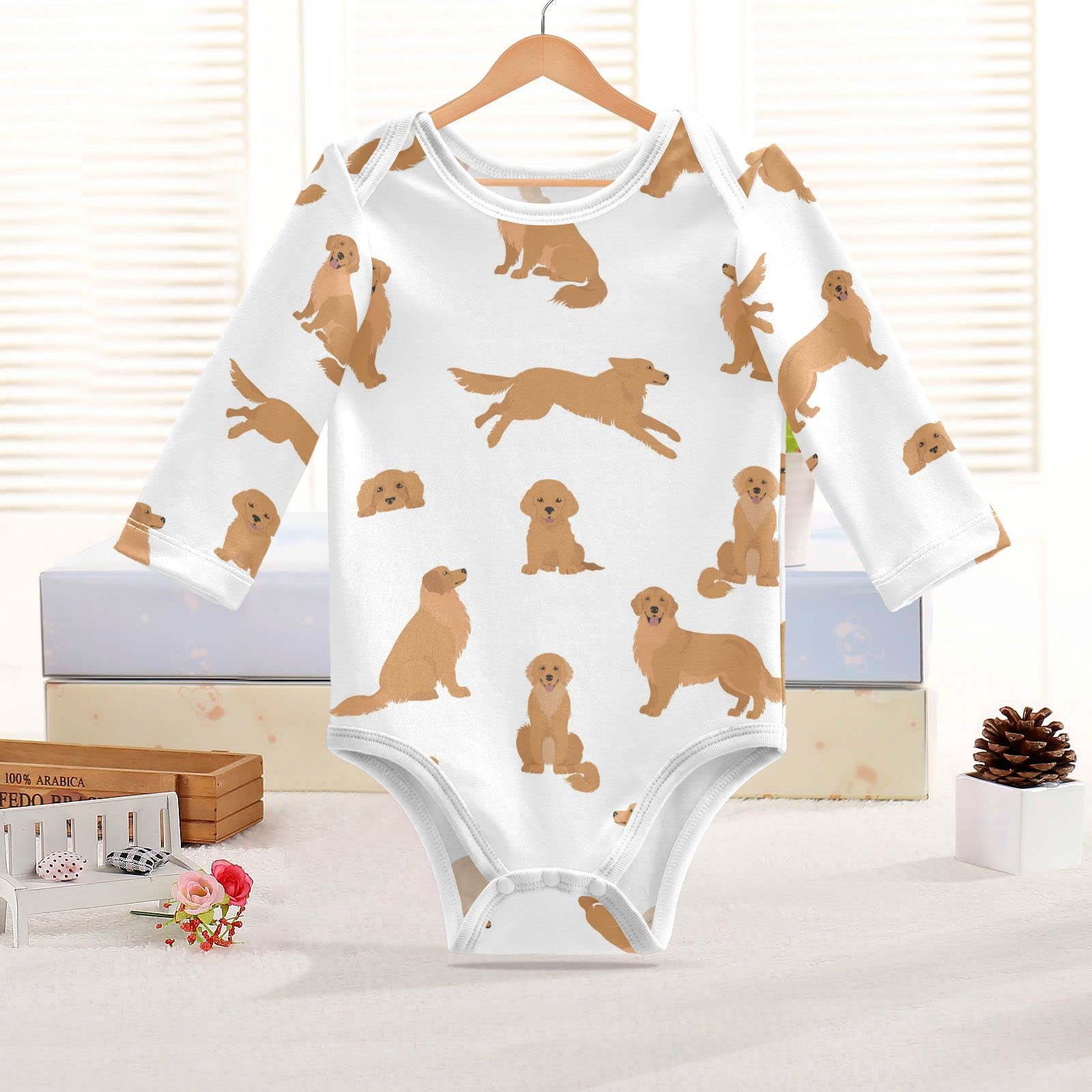 vvfelixl Baby Bodysuits Golden Retriever Dogs Long Sleeve Cotton Baby Clothes For Boys Girls 3-6 Months Goldies Puppy White