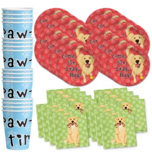 golden retriever birthday party supplies - pawprint paper plates - dog party tableware set includes plates napkins cups - kit for 16