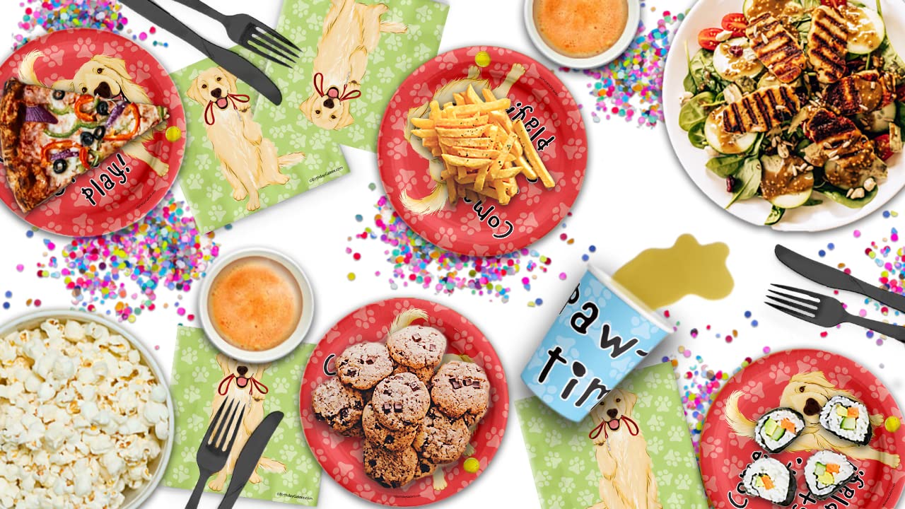 Golden Retriever Birthday Party Supplies - Pawprint Paper Plates - Dog Party Tableware Set Includes Plates Napkins Cups - Kit for 16