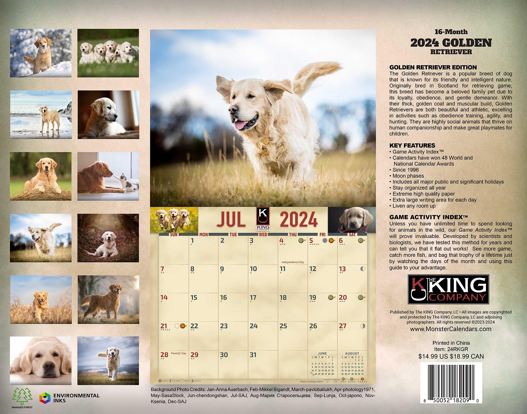 2024 Golden Retriever Wall Calendar 16-Month X-Large Size 14x22, Best Golden Retriever Dog Calendar by The KING Company-Monster Calendars