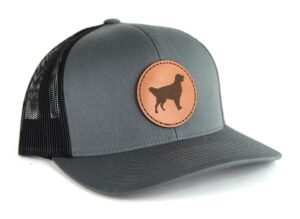 palouse prairie golden retriever leather patch hat | golden retriever gift | golden trucker hat | golden retriever baseball hat, grey front black mesh, one size