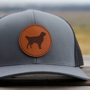 Palouse Prairie Golden Retriever Leather Patch Hat | Golden Retriever Gift | Golden Trucker Hat | Golden Retriever Baseball Hat, Grey Front Black Mesh, One Size