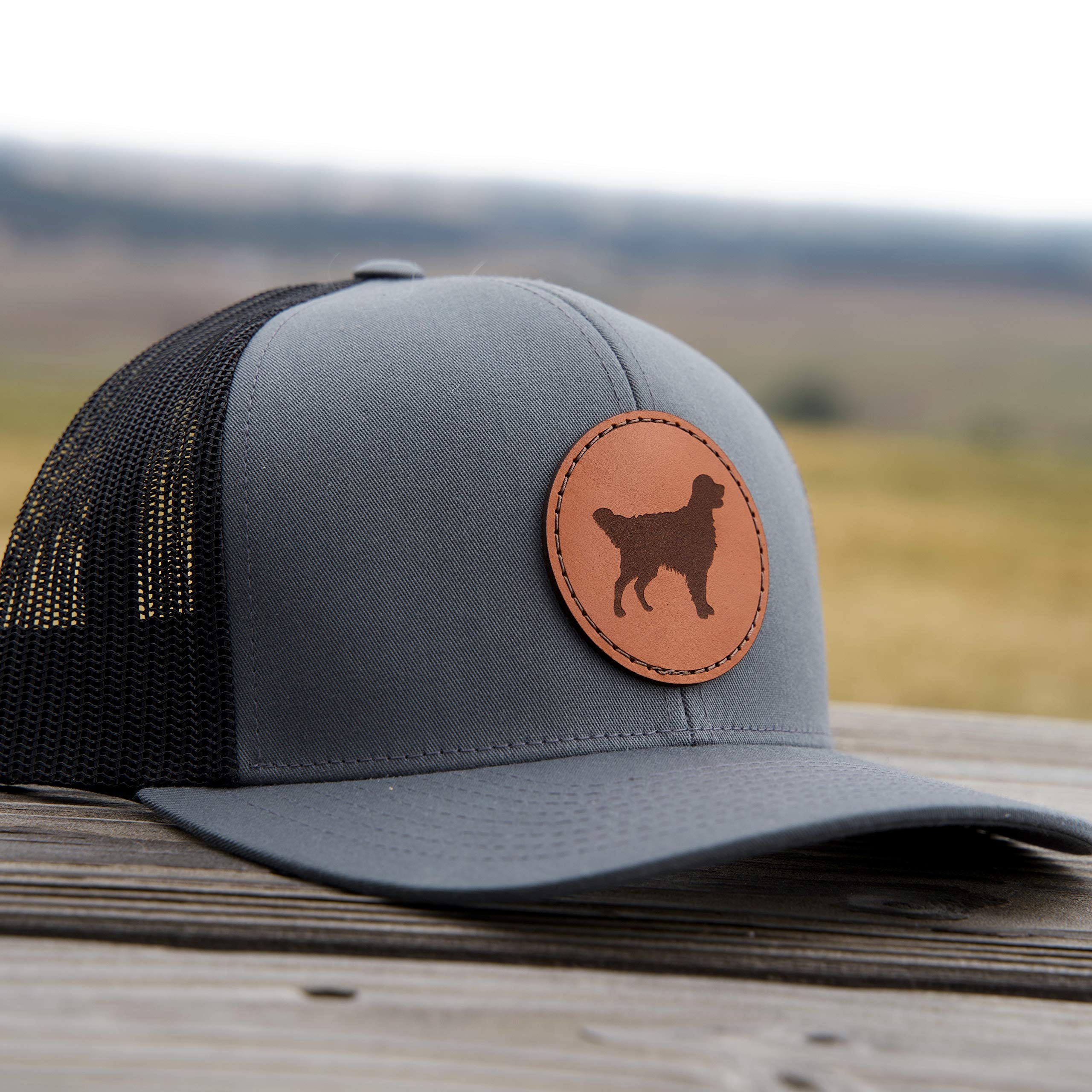 Palouse Prairie Golden Retriever Leather Patch Hat | Golden Retriever Gift | Golden Trucker Hat | Golden Retriever Baseball Hat, Grey Front Black Mesh, One Size