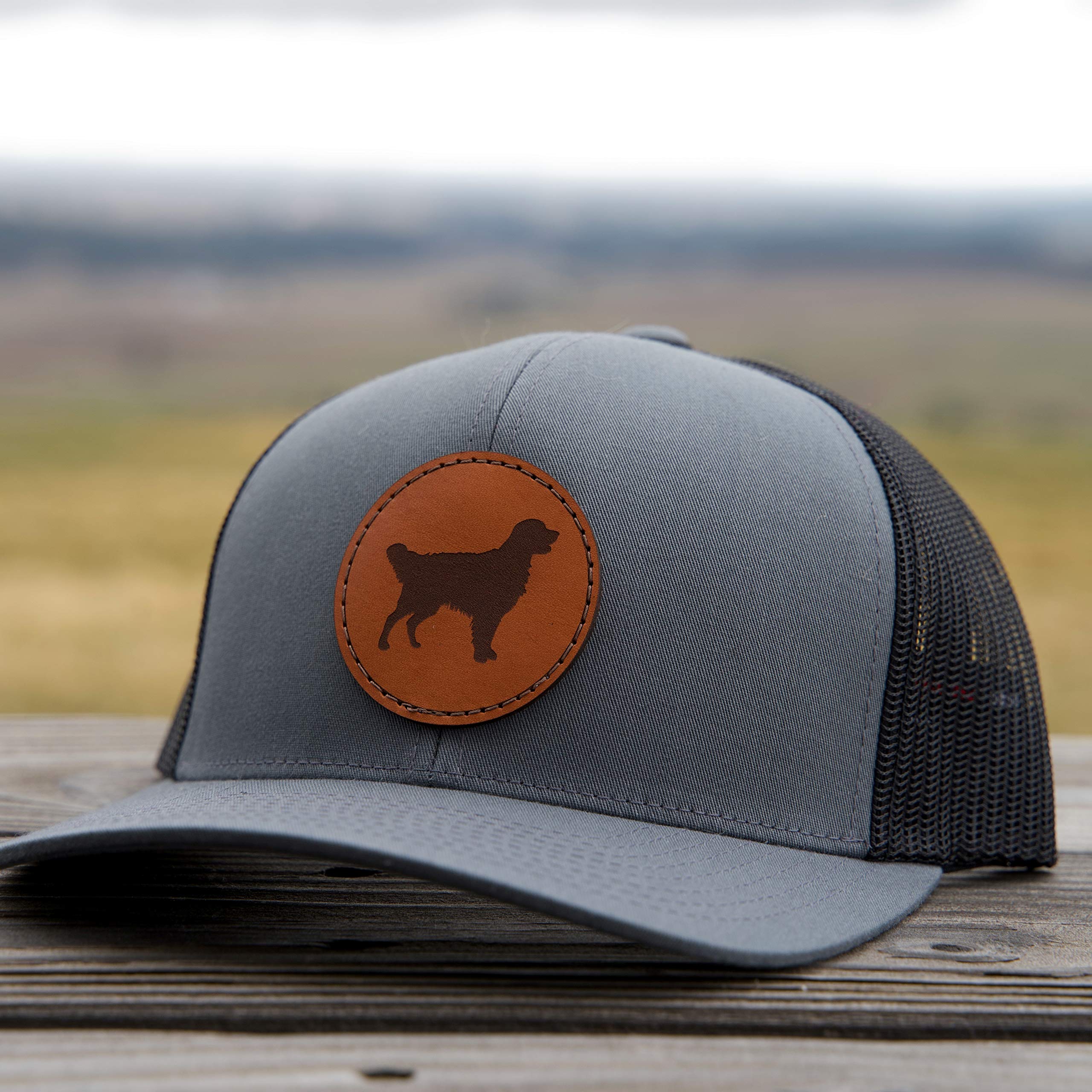 Palouse Prairie Golden Retriever Leather Patch Hat | Golden Retriever Gift | Golden Trucker Hat | Golden Retriever Baseball Hat, Grey Front Black Mesh, One Size