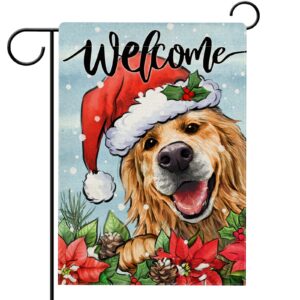 hzppyz welcome christmas golden retriever dog garden flag, xmas puppy santa hat poinsettia pine cone decorative yard outdoor home small decor, winter holiday farmhouse outside house decoration 12 x 18