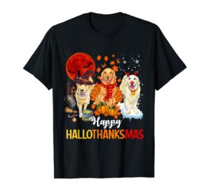 cute golden retriever happy hallothanksmas halloween xmas t-shirt