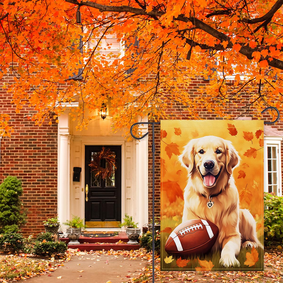 Balgardekor Football Golden Retriever Fall Garden Flag For Outside Welcome Burlap Flag Fall Decorations Outdoor Dog Thanksgiving Holiday Yard Flag 12×18 Inch Double Sided Autumn Halloween (Cute