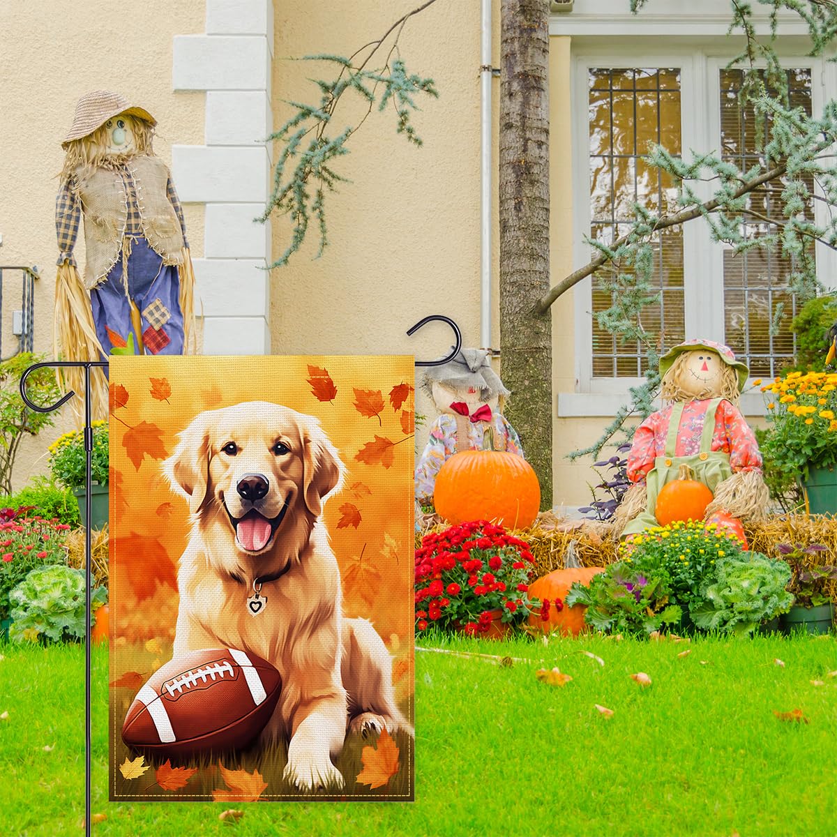 Balgardekor Football Golden Retriever Fall Garden Flag For Outside Welcome Burlap Flag Fall Decorations Outdoor Dog Thanksgiving Holiday Yard Flag 12×18 Inch Double Sided Autumn Halloween (Cute