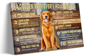 golden retriever wall art dog poster quotes wall art house rules poster vintage framed artwork pet home decor framed (12x18 inch)