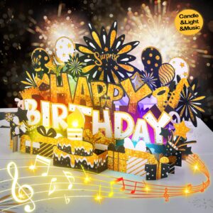 bykooo birthday card | musical pop up birthday cards w light | blow out led light candle & play happy birthday music pop up card | greeting cards gifts for him or her | black gold (blowable candle)