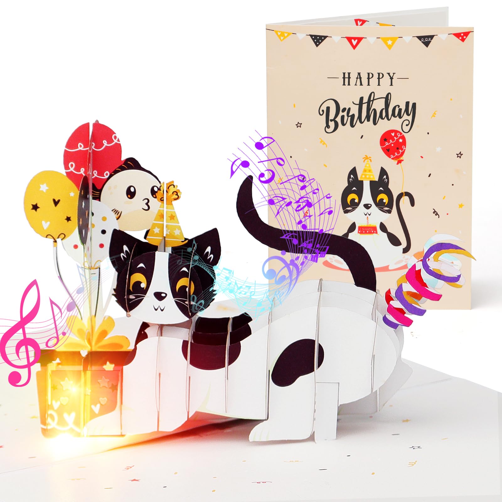 YunXianger Birthday Cards, Light and Music Happy Birthday Card, Funny 3D Pop Up Cat Birthday Gift Greeting Cards for Women Men Kids Mom Dad Husband Wife boyfriend Daughter and Cat Lover