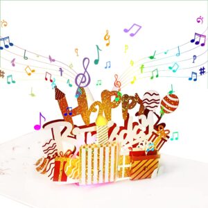 dmhznb 3d musical birthday card, led light and play happy birthday music pop up card, blowable led light candle,play happy birthday music,