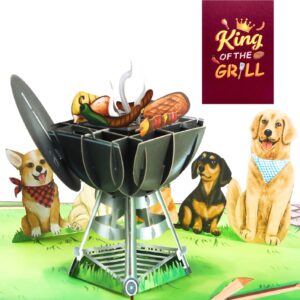 liif king of grill fathers day card, 3d funny fathers day pop up card, funny birthday card for dad, men, husband, chef, him, grandfather, dog dad | with message note & envelop (king of grill)