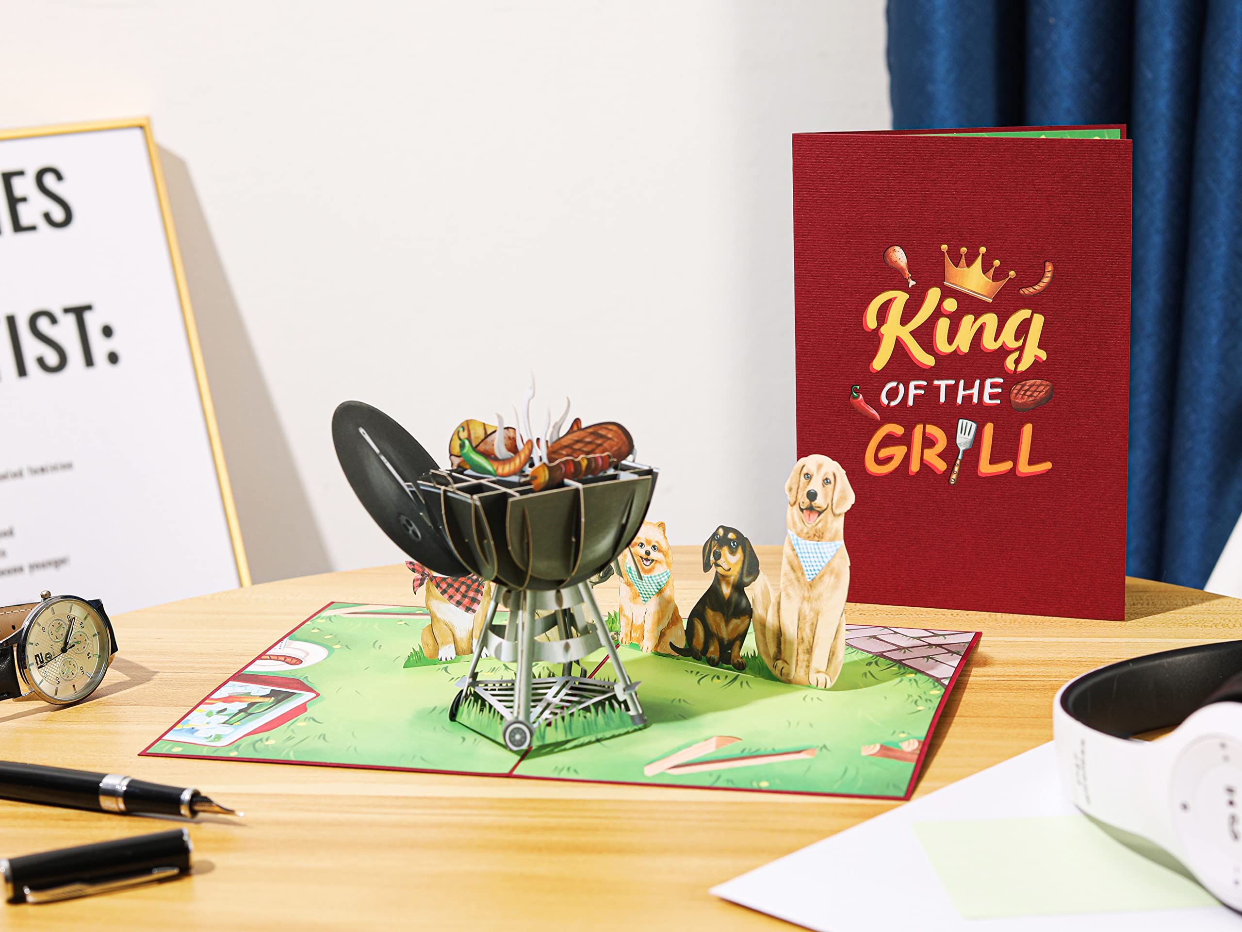 Liif King Of Grill Fathers Day Card, 3D Funny Fathers Day Pop Up Card, Funny Birthday Card For Dad, Men, Husband, Chef, Him, Grandfather, Dog Dad | With Message Note & Envelop (King Of Grill)