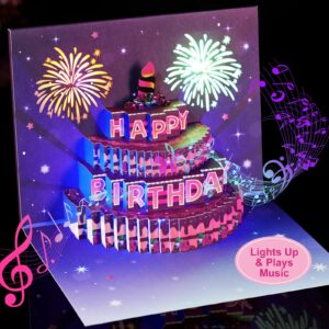 yinqing birthday cards, light and music birthday cake happy birthday card, 3d pop up birthday gift greeting card for women men kids husband wife mom dad daughter