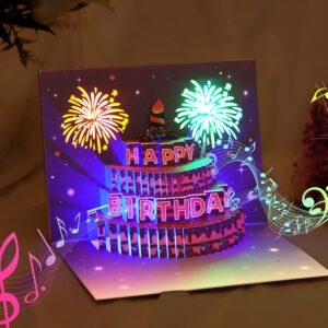 Yinqing Birthday Cards, Light and Music Birthday Cake Happy Birthday Card, 3D Pop Up Birthday Gift Greeting Card for Women Men Kids Husband Wife Mom Dad Daughter