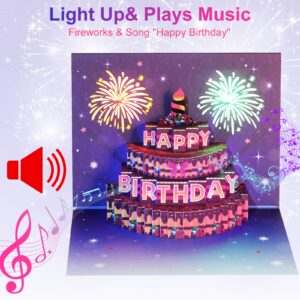 Yinqing Birthday Cards, Light and Music Birthday Cake Happy Birthday Card, 3D Pop Up Birthday Gift Greeting Card for Women Men Kids Husband Wife Mom Dad Daughter