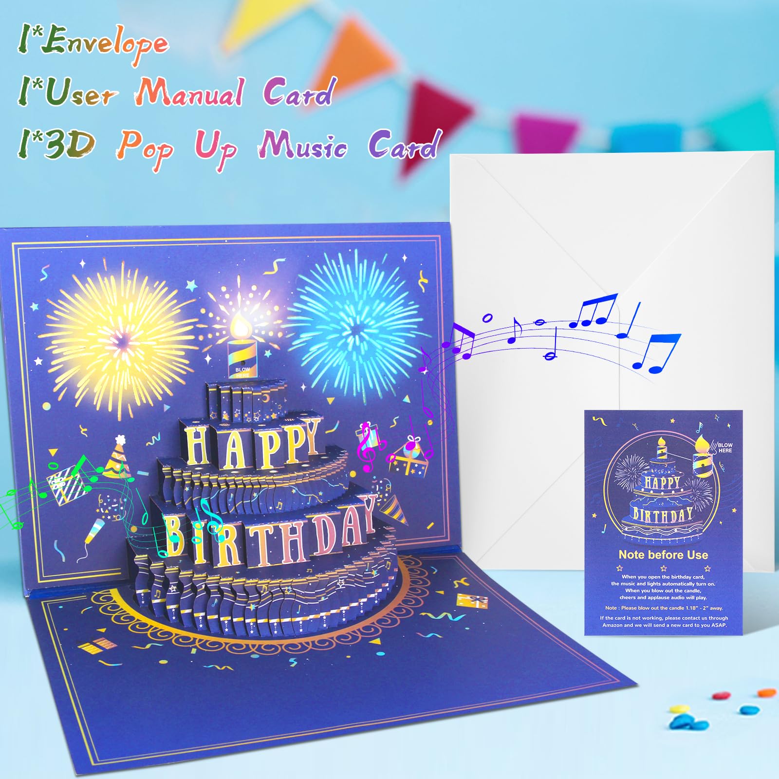 MZD8391 UPGRADED 3D Pop Up Firework Birthday Cards, Musical & LED Lights Birthday Cards with Blowable Birthday Cake, Greeting Cards, Birthday Gifts for Mom Women Men Kids Child Dad Father Wife (Blue)