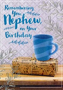 designer greetings blue mug with dark blue horizontal stripes nephew birthday card