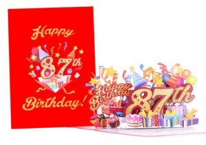 igifts and cards happy 87th red birthday 3d pop up greeting card – awesome 87 birthday card for woman, man, happy eighty seven birthday gift for mom, dad, wife, husband present, 5" x 7"