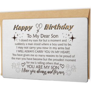 yodocamp son birthday card from mom, happy birthday son gifts, metal engraved greeting card for son birthday, son wallet insert card from parents