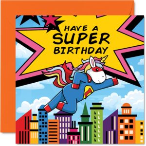 kids birthday card - super unicorn - superhero birthday card kids, hero birthday cards for girls boys him her, 5.7 x 5.7 inch greeting card for son daughter niece nephew grandchild kid children