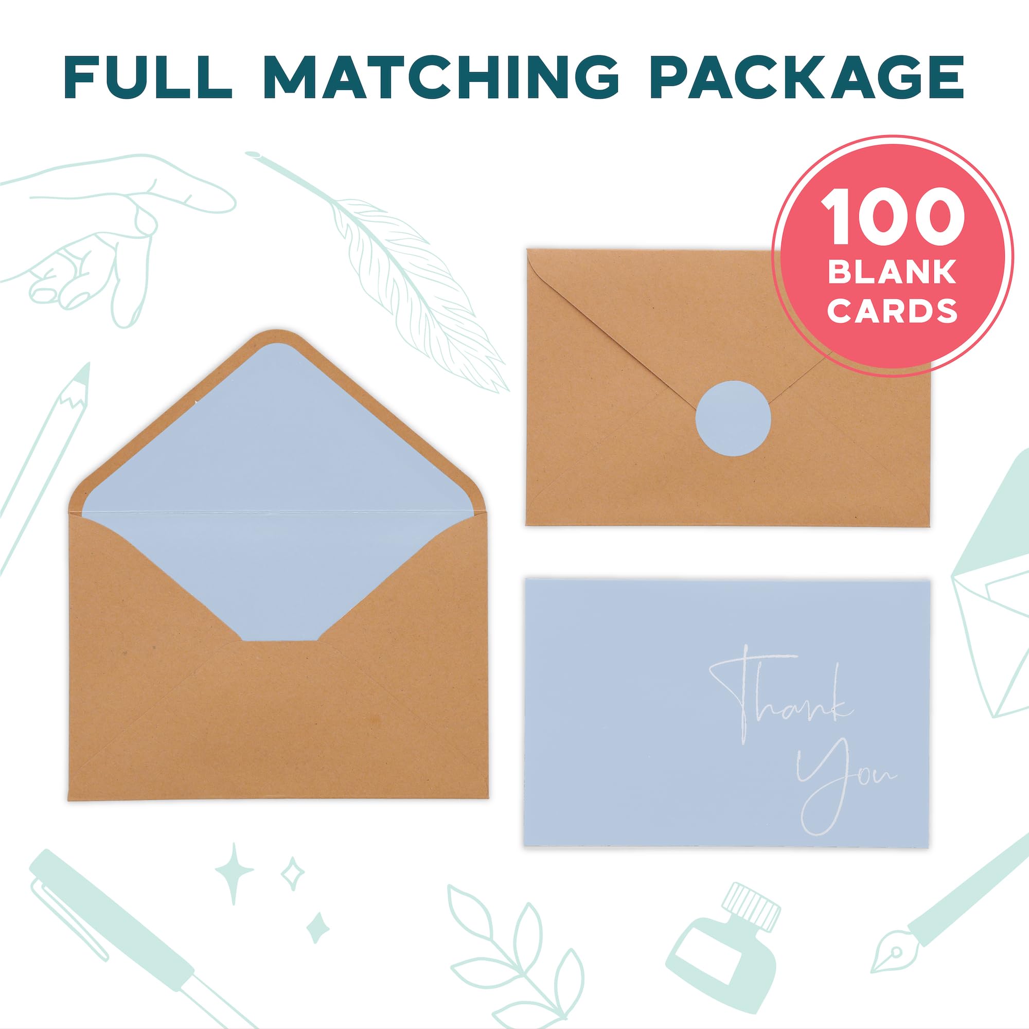 VNS Creations 100 pack Thank You Cards with Envelopes & Stickers - Classy 4x6 Blank Thank You Cards Bulk Box Set - Large Thank You Notes for Wedding, Small Business, Baby & Bridal Shower (Light Blue)