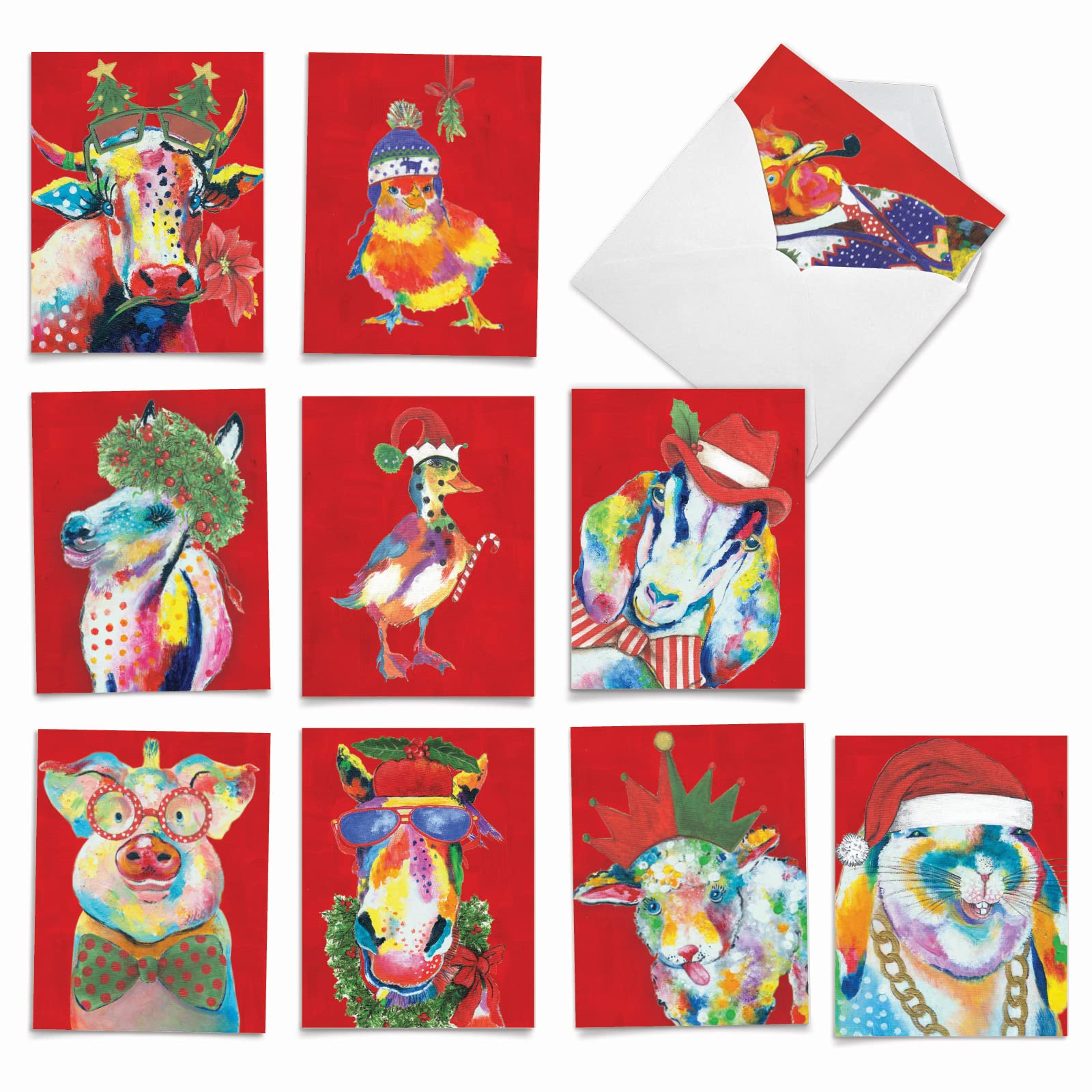 The Best Card Company Variety Pack of 10 Christmas Greeting Cards with Envelopes, Humor Holiday Assortment for Men and Women (10 Designs, 1 Each) - Christmas Funny Farm M4982XSG-B1x10