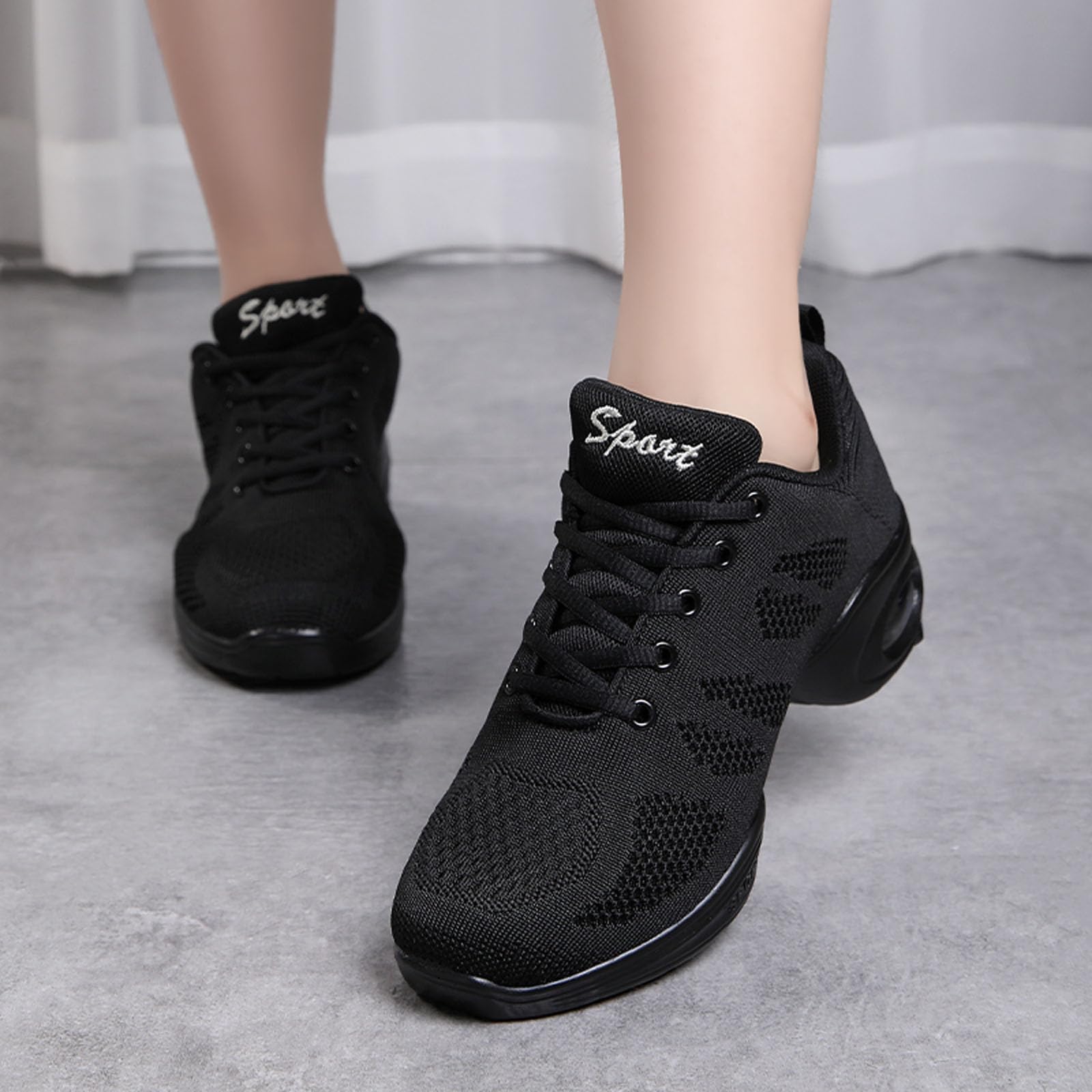 Womens Jazz Shoes Dance Sneakers Lace Up Breathable Air Cushion Lady Dancing Shoes Split Sole Zumba Trainers Athletic Walking Platform Black 38