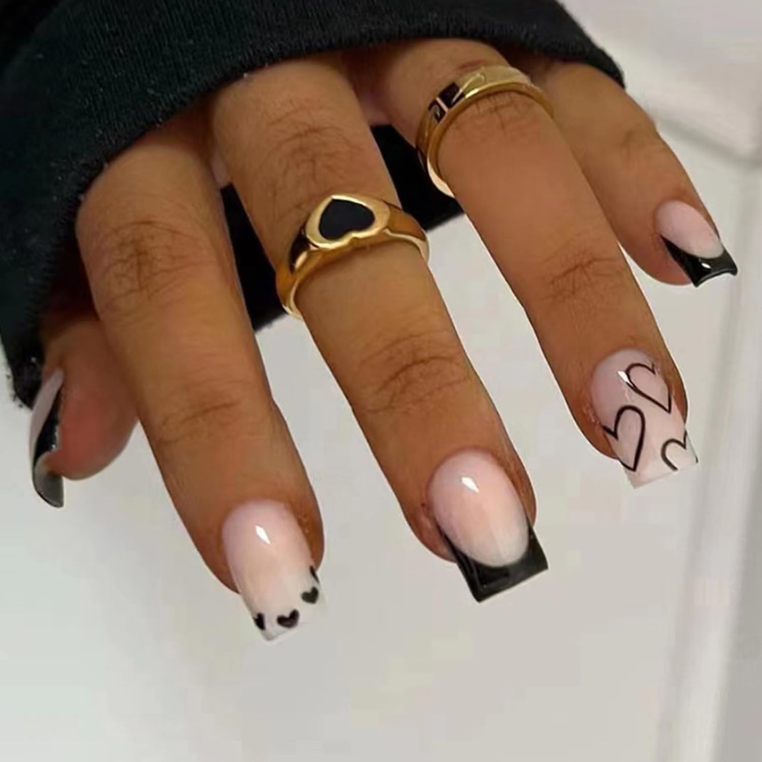 Black French Tip Press on Nails Medium Square Fake Nails Nude Pink Acrylic Full Cover Glossy Glue on Nails with Heart Designs French Tip Nails Short Stick on Nails Artificial Nails for Women Girls