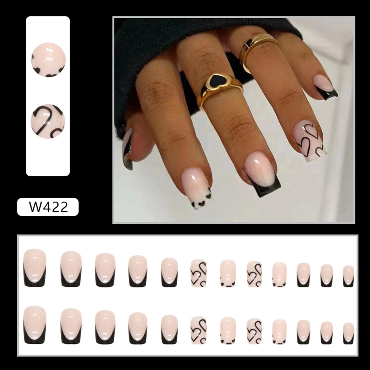 Black French Tip Press on Nails Medium Square Fake Nails Nude Pink Acrylic Full Cover Glossy Glue on Nails with Heart Designs French Tip Nails Short Stick on Nails Artificial Nails for Women Girls