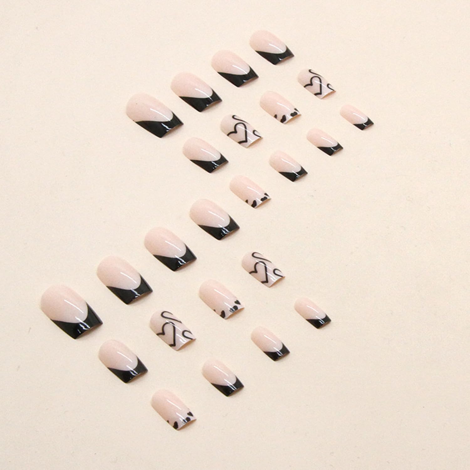 Black French Tip Press on Nails Medium Square Fake Nails Nude Pink Acrylic Full Cover Glossy Glue on Nails with Heart Designs French Tip Nails Short Stick on Nails Artificial Nails for Women Girls