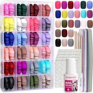 fandamei short press on nails, 24 packs 576pcs short round press on nails matte, acrylic short small fake nails full cover, matte glue on nails with 7g nail glue, 24 color false nail for small nails