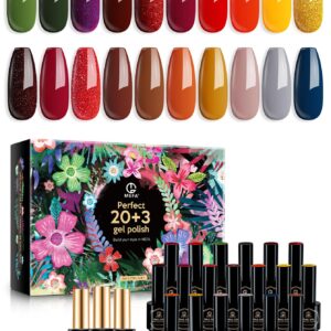 MEFA Fall Gel Nail Polish Set 23 Pcs, 20 Colors Autumn Halloween Brown Burgundy Orange Glitter Dark Green Blue Nail Gel Kit Nail Art with Glossy&Matte Top Base Coat, Manicure DIY Salon Gifts