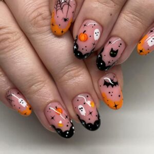 halloween press on nails short almond fake nails french tip false nails with ghost spider designs cute halloween nails acrylic nails full cover glue on nails stick on nails for women